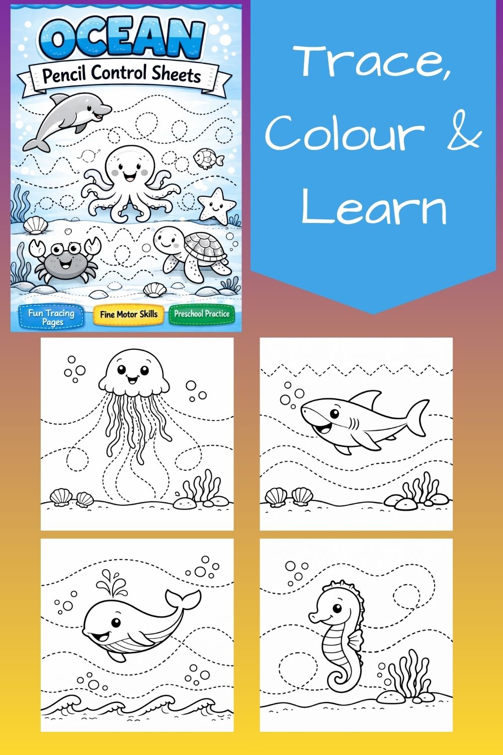 Ocean Pencil Control Sheets for Preschool | Fine Motor Tracing ...