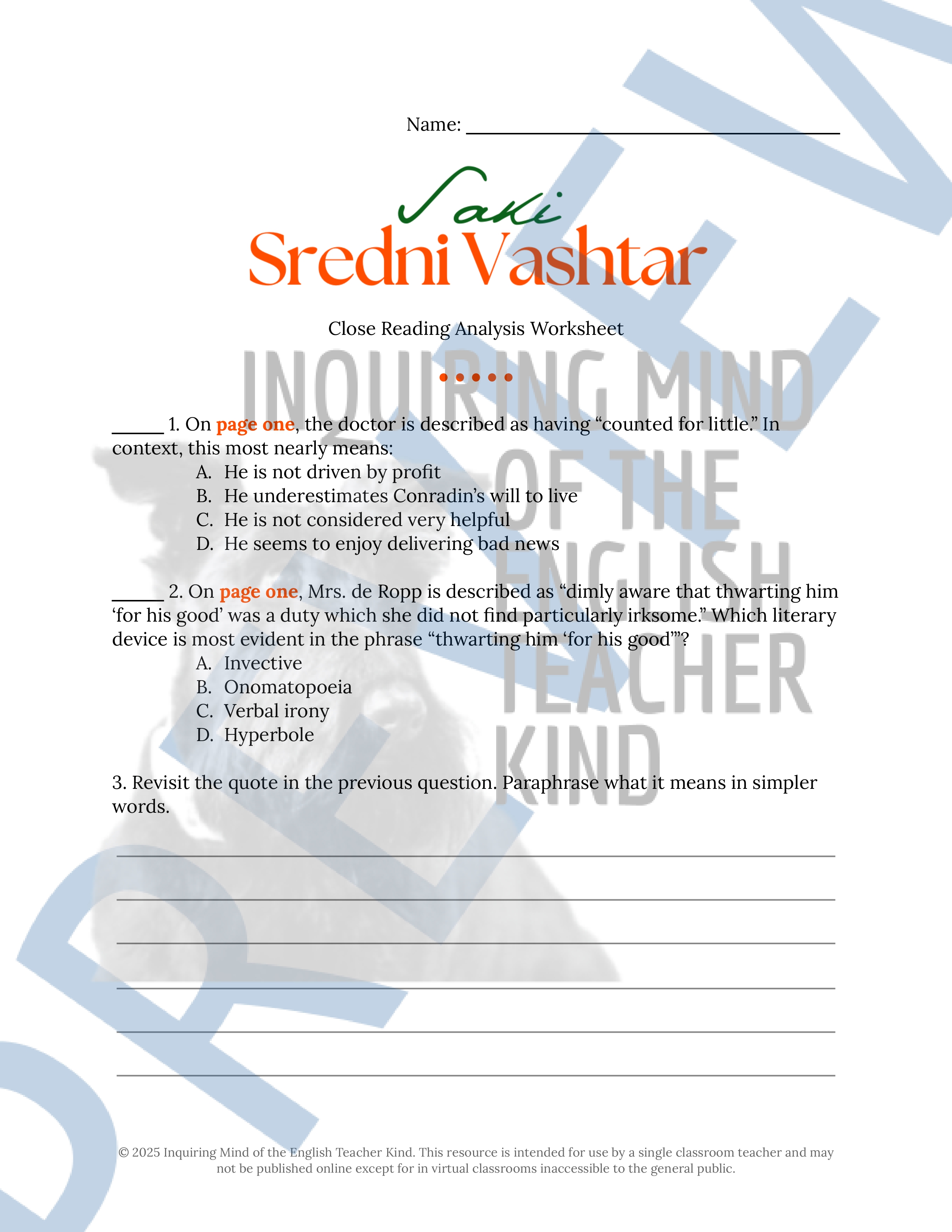 "Sredni Vashtar" by Saki Close Reading Analysis Worksheet (Halloween ...