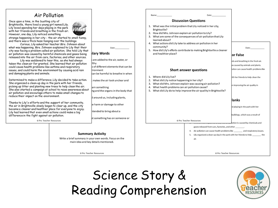 Air Pollution Reading Science Story Comprehension Questions Worksheet ...