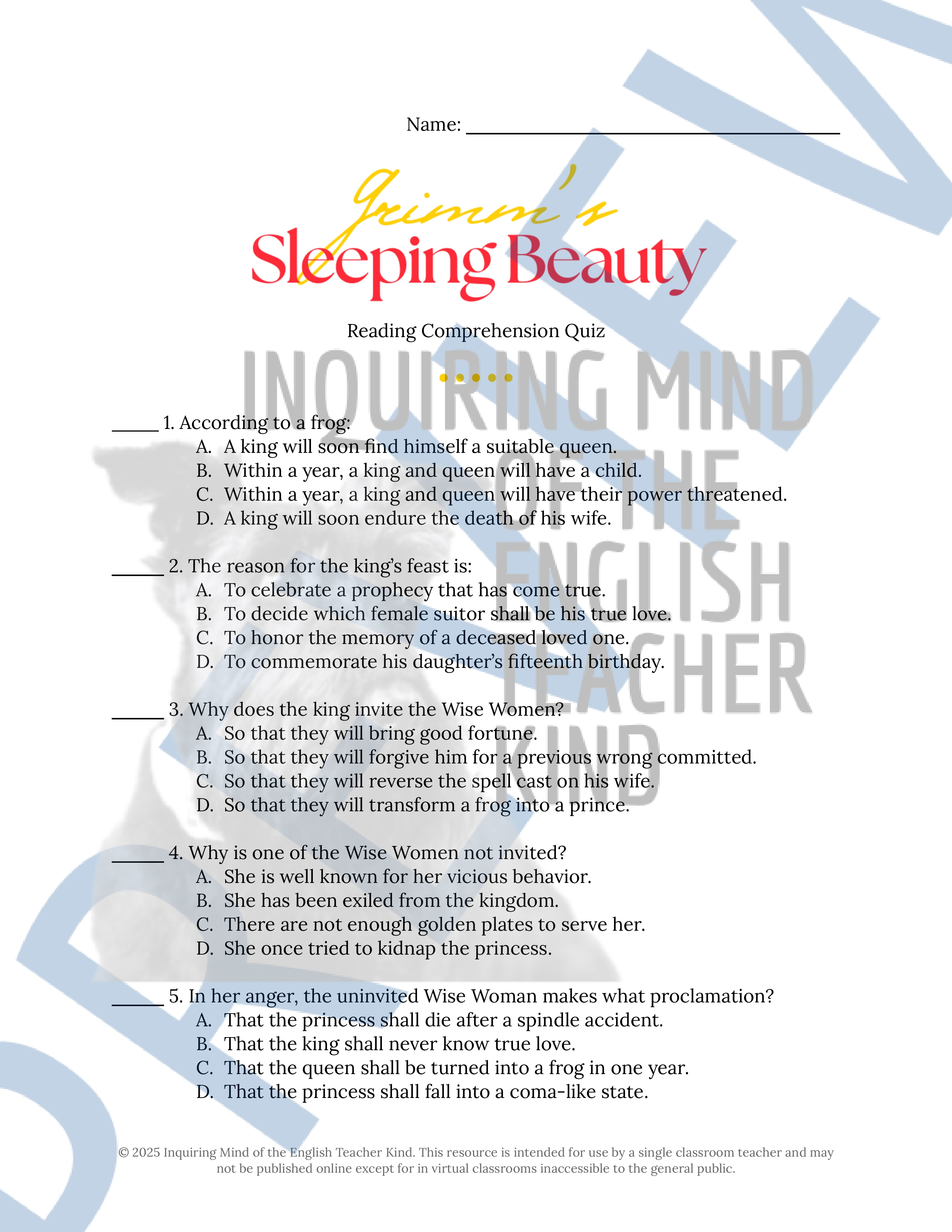 "Sleeping Beauty" Quiz and Answer Key (Grimm's Fairy Tale | Short Story ...