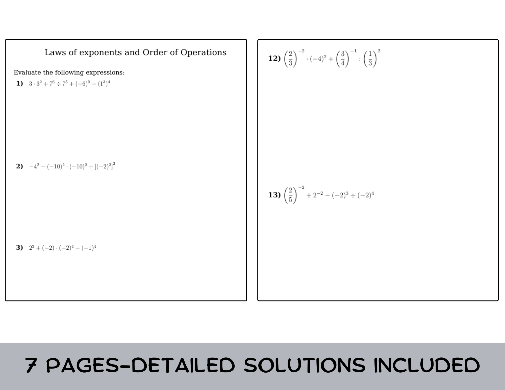 Laws of exponents and Order of Operations Worksheet (with solutions ...
