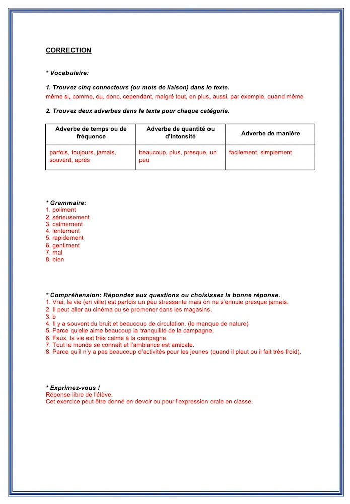 French year 10 or 11 (grade 9 or 10): vie à la ville ou à la campagne ...