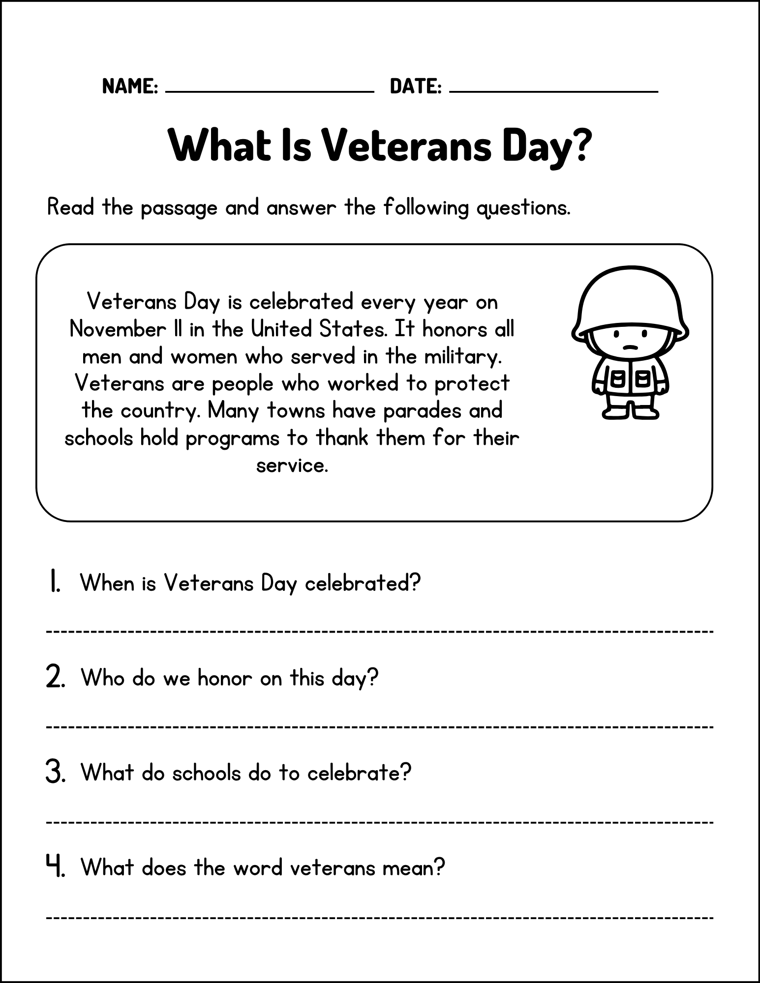 Veterans Day Reading Comprehension Passages Questions Worksheets ...