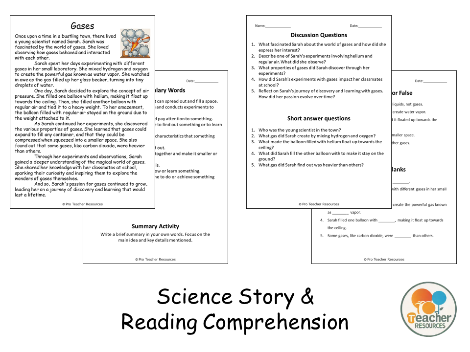 Gases Reading Science Story Comprehension Questions Worksheet ...