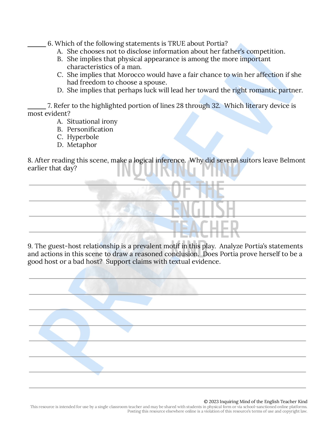 The Merchant of Venice Act 2 Scene 1 Close Reading Analysis Activity ...