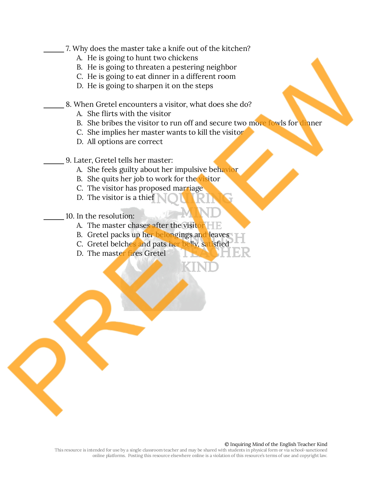 "Clever Gretel" by the Brothers Grimm Quiz and Answer Key | Teaching ...