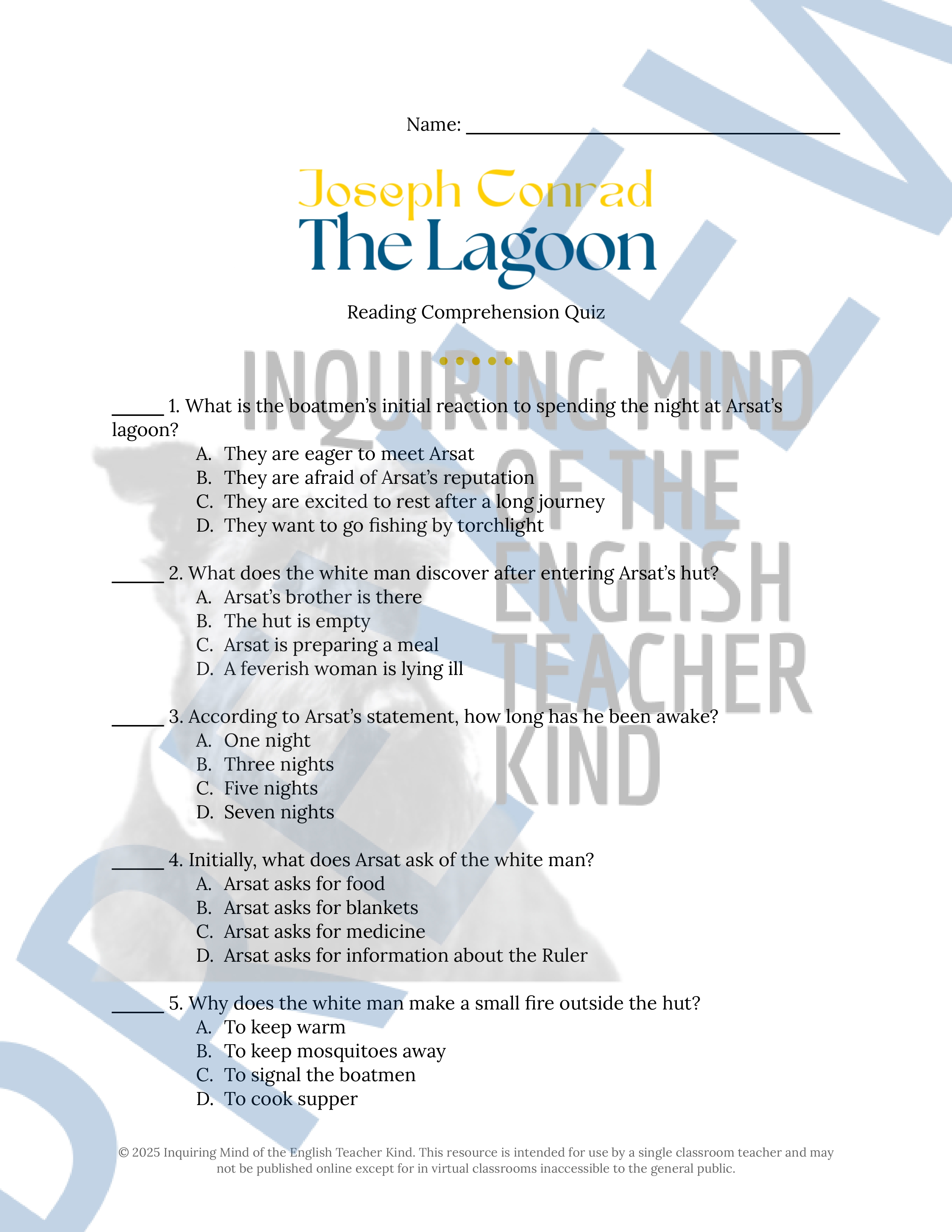 "The Lagoon" by Joseph Conrad Quiz and Answer Key | Independent Reading ...