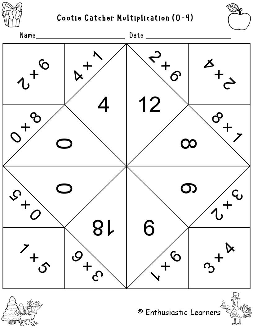 Multiplication Fact (0–9) Cootie Catcher Fortune Teller Worksheets Math ...