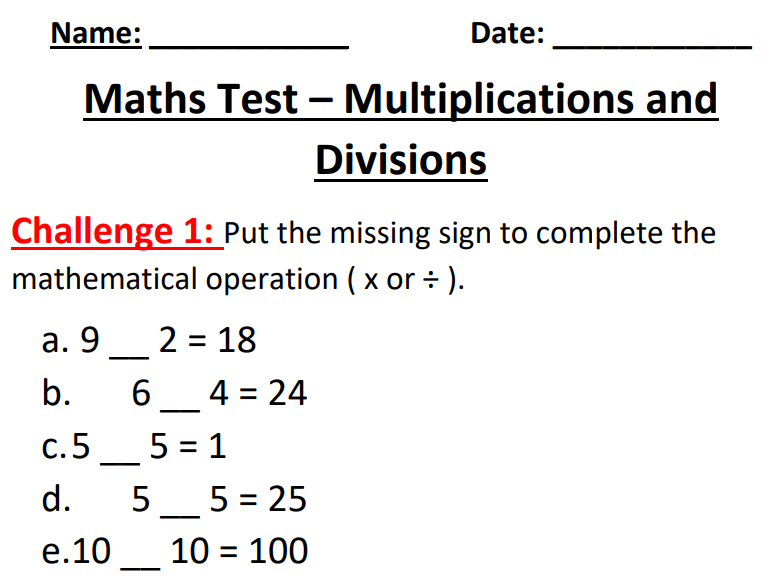 Multiplication And Division Test Mathematics Teaching Resources