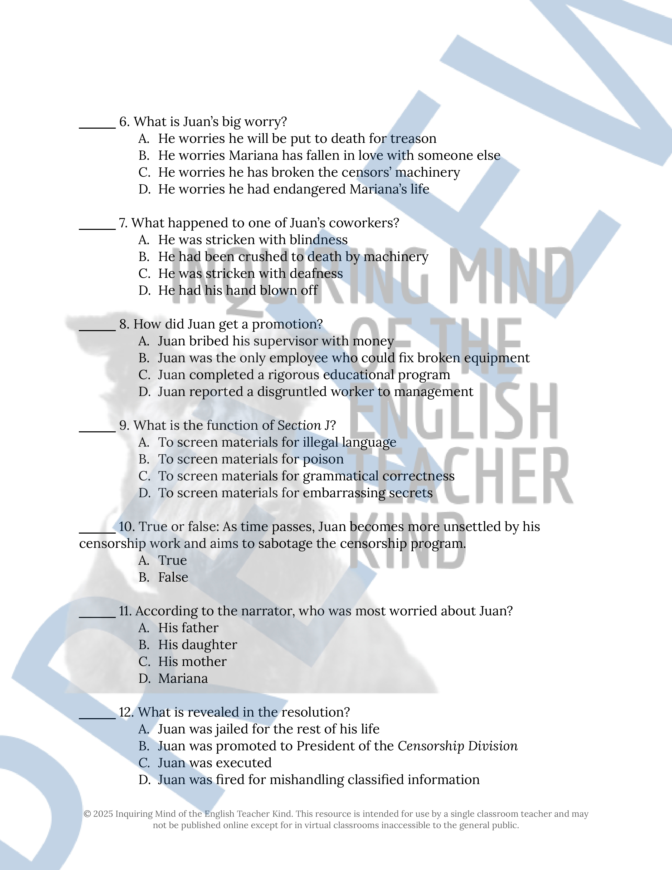 "The Censors" by Luisa Valenzuela Quiz and Answer Key | Political ...