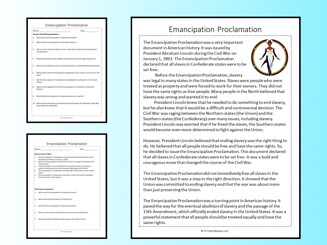 Emancipation Proclamation Reading Comprehension Passage Printable ...