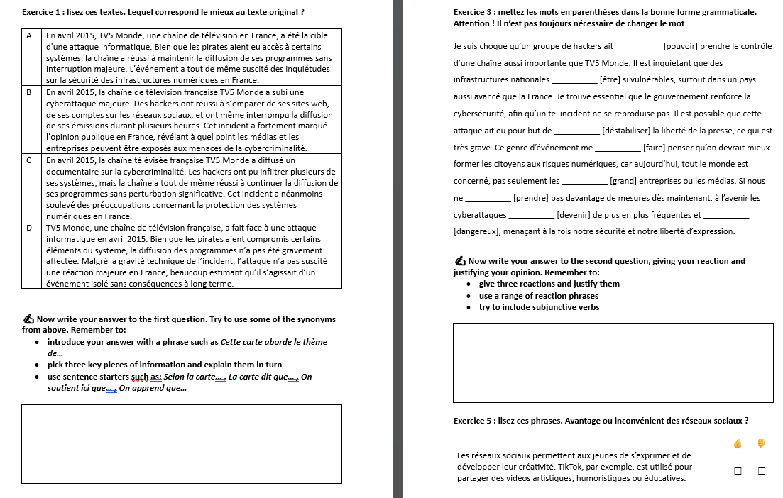 AQA A Level French stimulus card worksheet - La cyberattaque contre TV5 ...