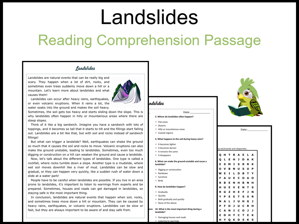 Landslides Reading Comprehension and Word Search | Teaching Resources