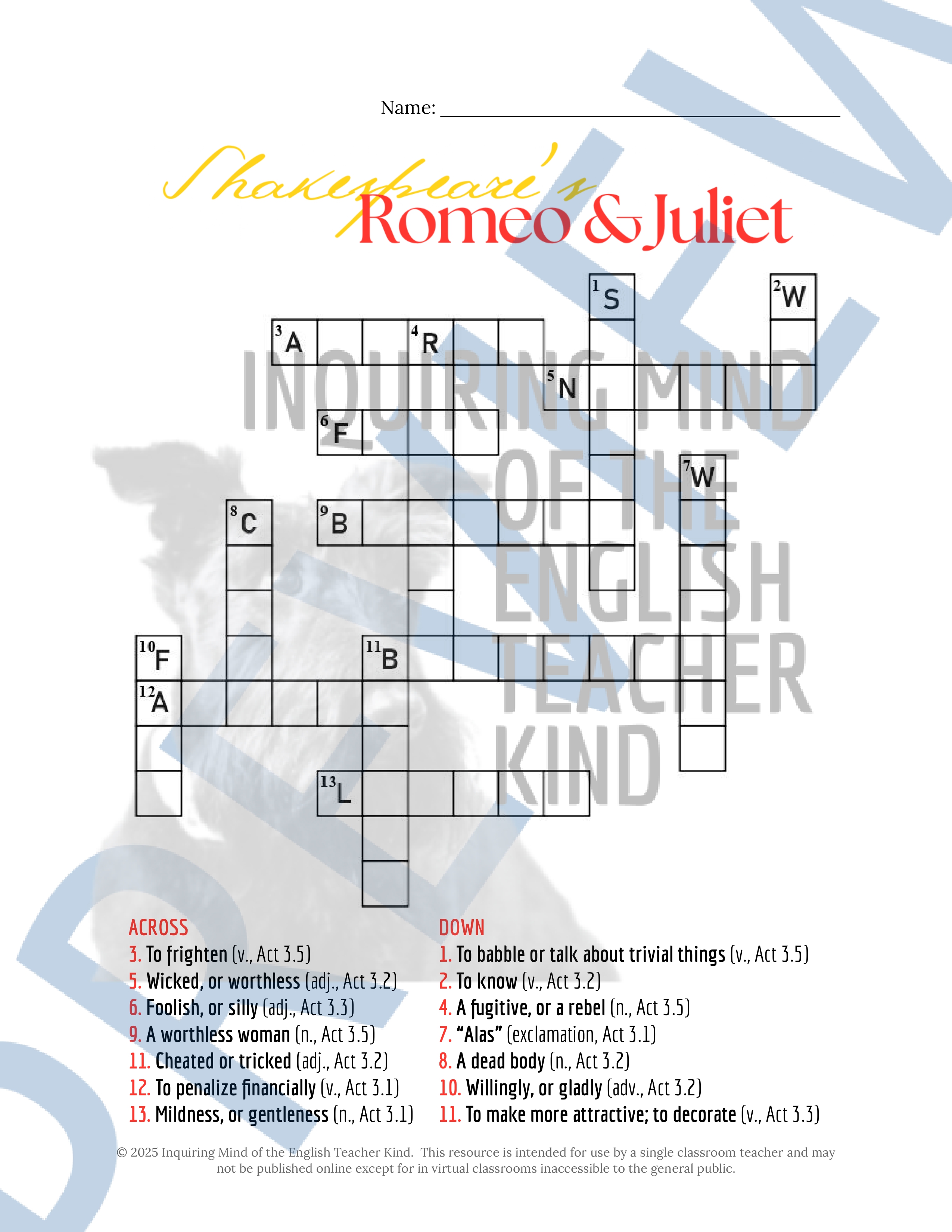 Shakespeare's Romeo and Juliet Act 3 Vocabulary Activities | Teaching ...