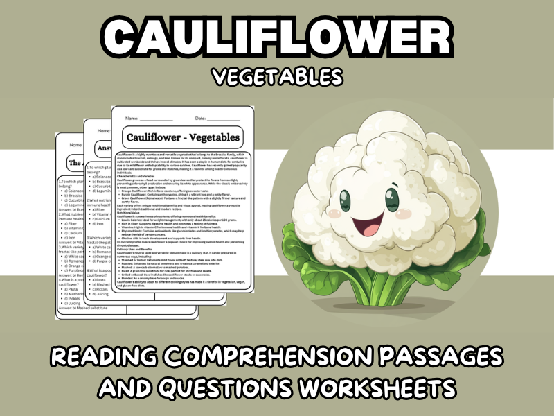 Cauliflower - Vegetables Reading Comprehension Passages and Questions ...