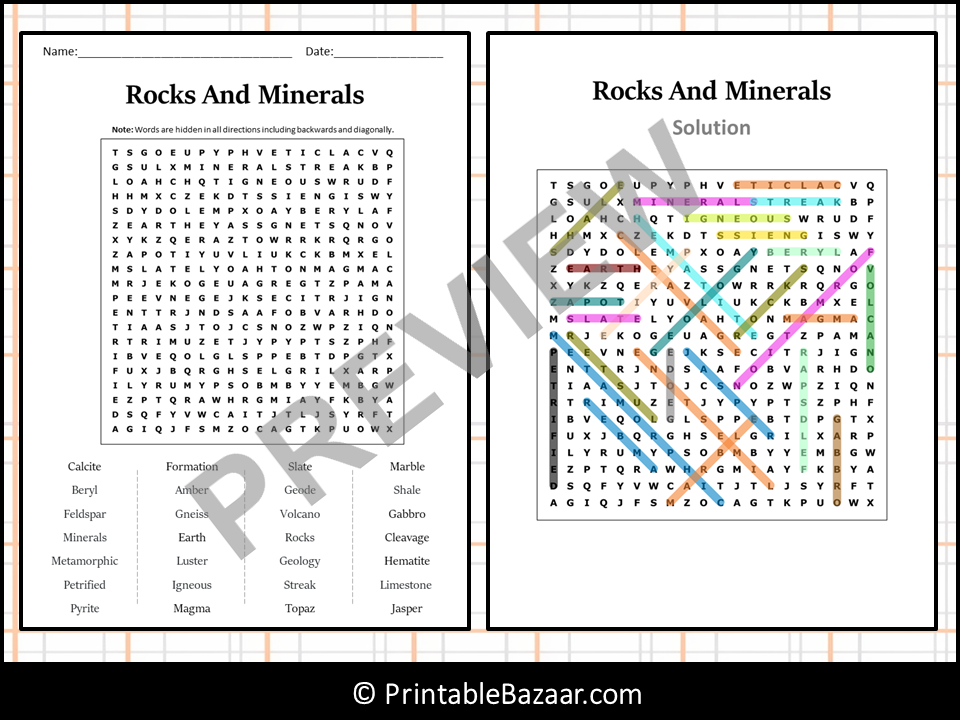 Minerals Word Search Printable