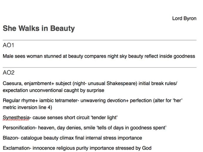 A* English Literature Student notes on She Walks in Beauty by George ...