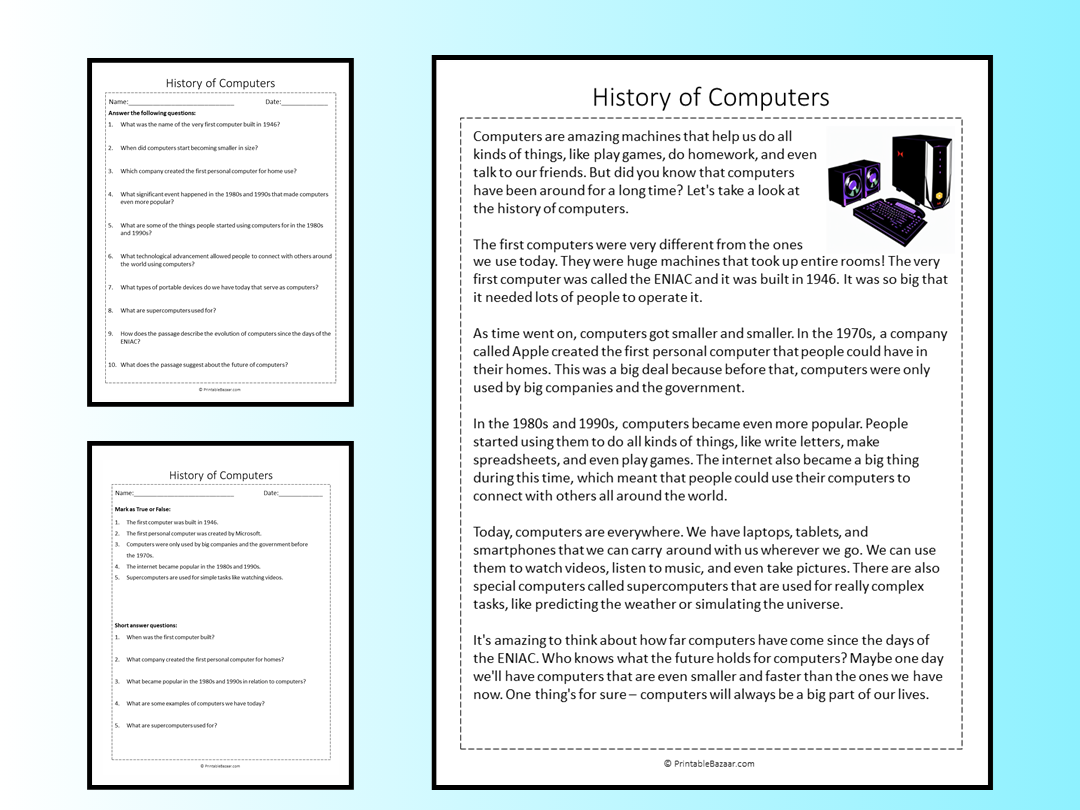 History Of Computers Reading Comprehension Passage Printable Worksheet Teaching Resources 