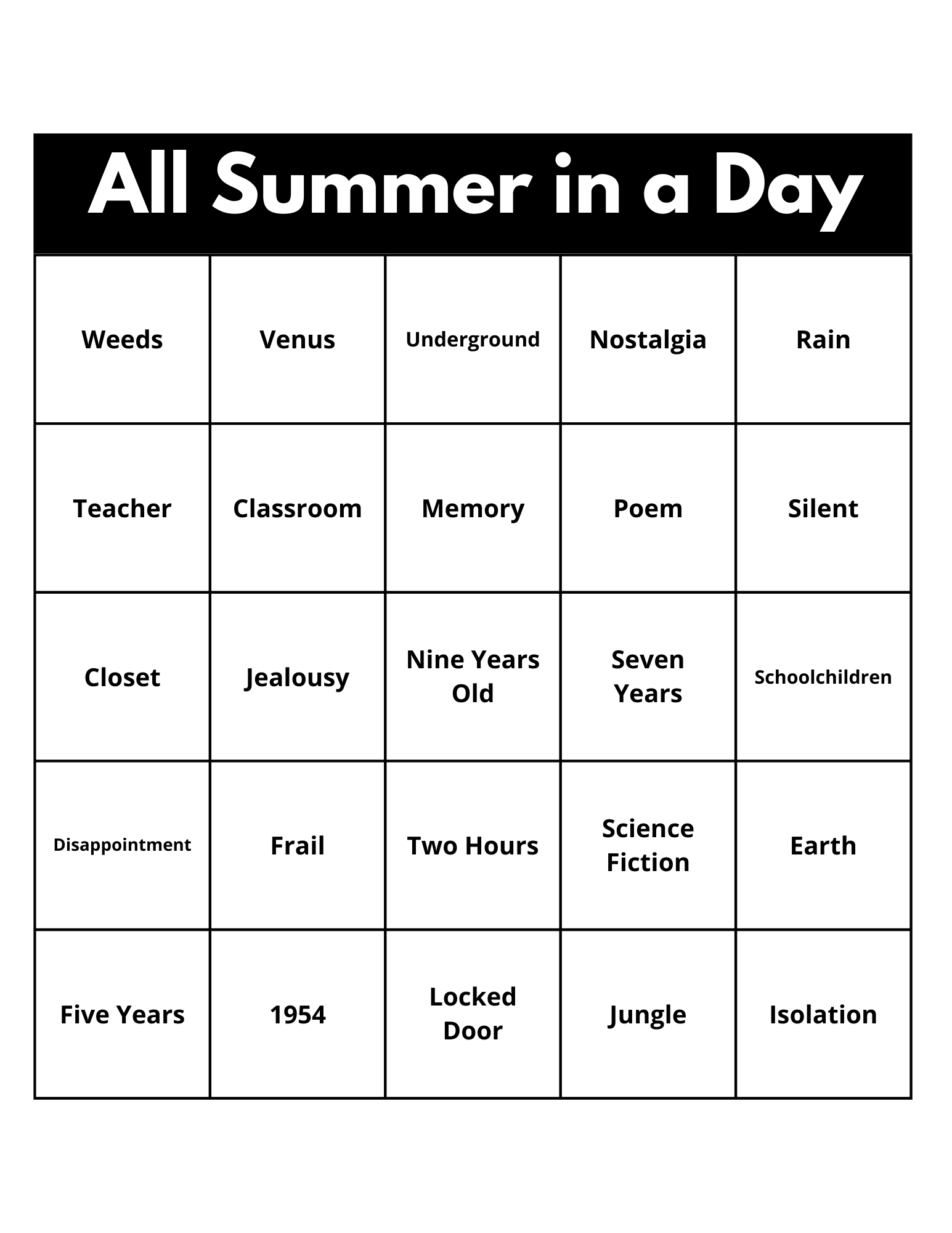 All Summer in a Day by Ray Bradbury Bingo Interactive Revision Game ...