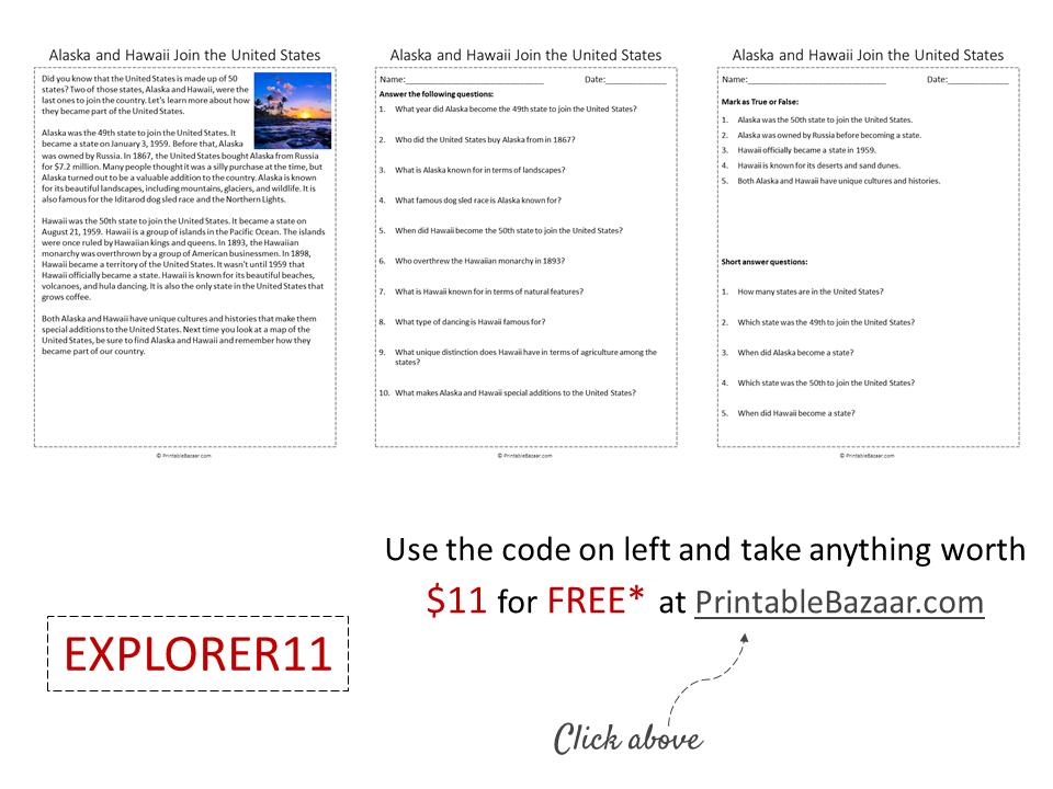 Alaska and Hawaii Join the United States Reading Comprehension Passage ...