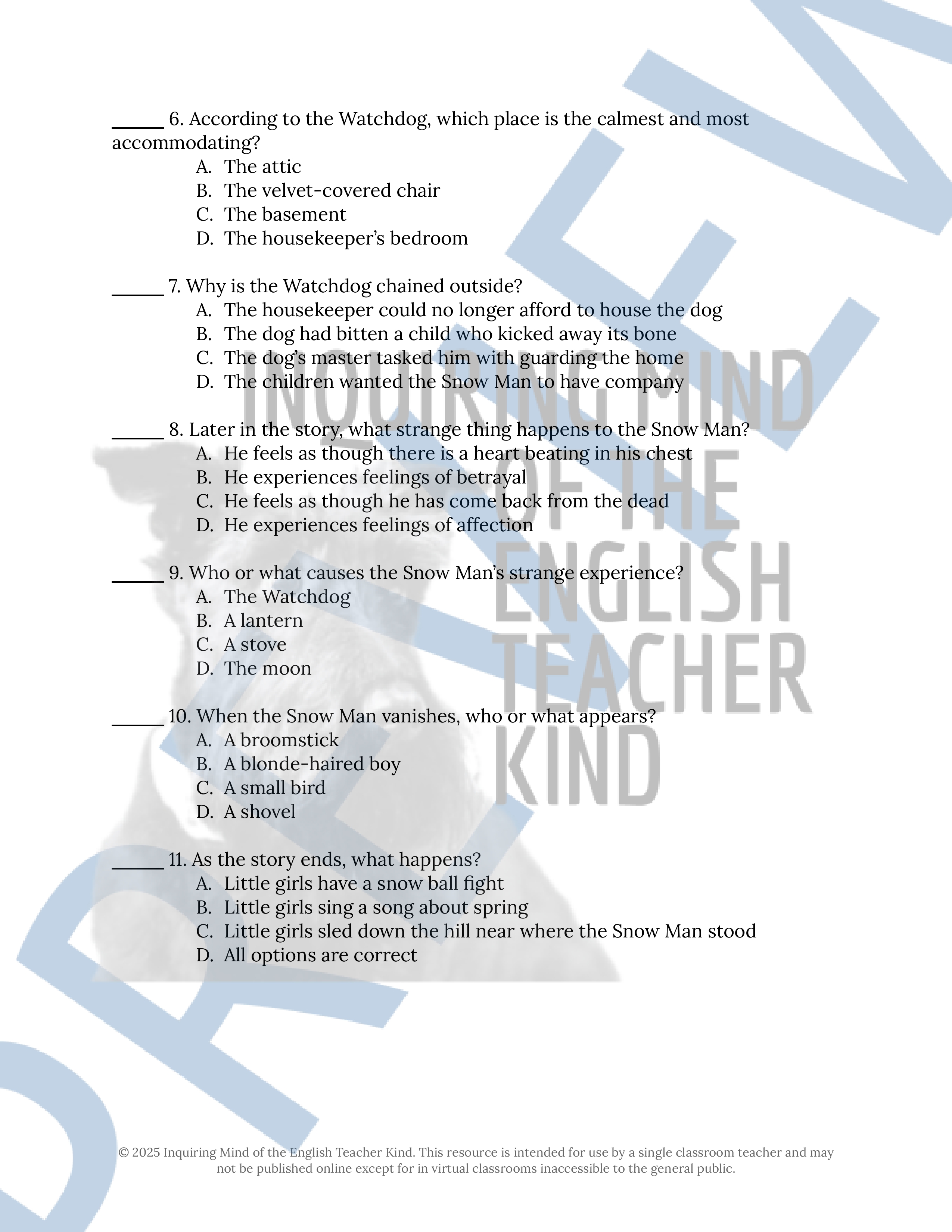 "The Snow Man" by Hans Christian Andersen Quiz and Answer Key | Winter ...