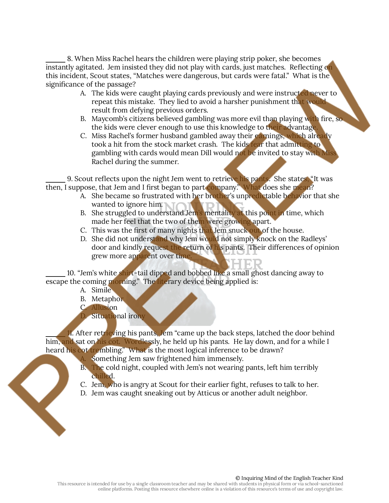 To Kill a Mockingbird Chapter 6 Close Reading Worksheet | Teaching ...