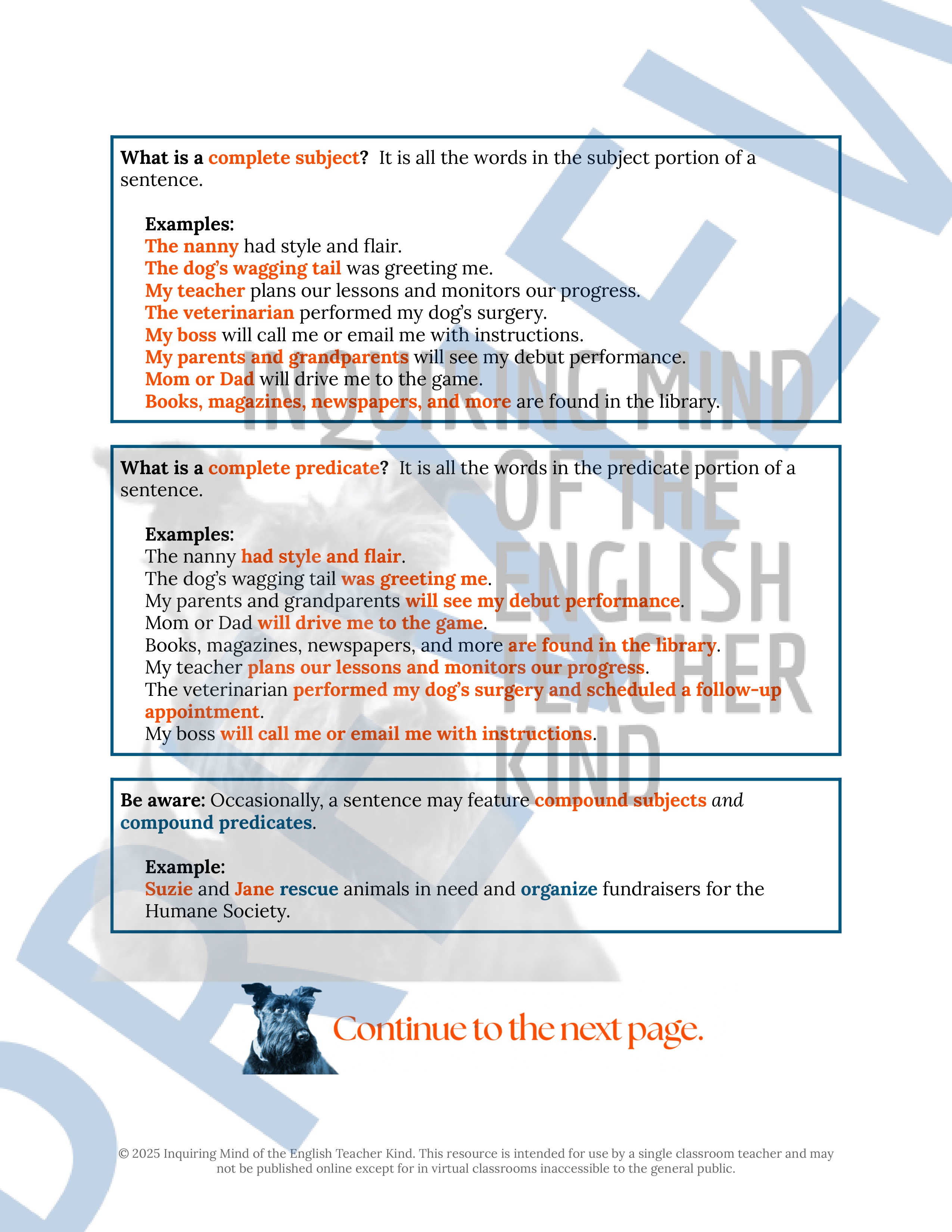Grammar Review Worksheet on Subjects and Predicates with Answer Key ...