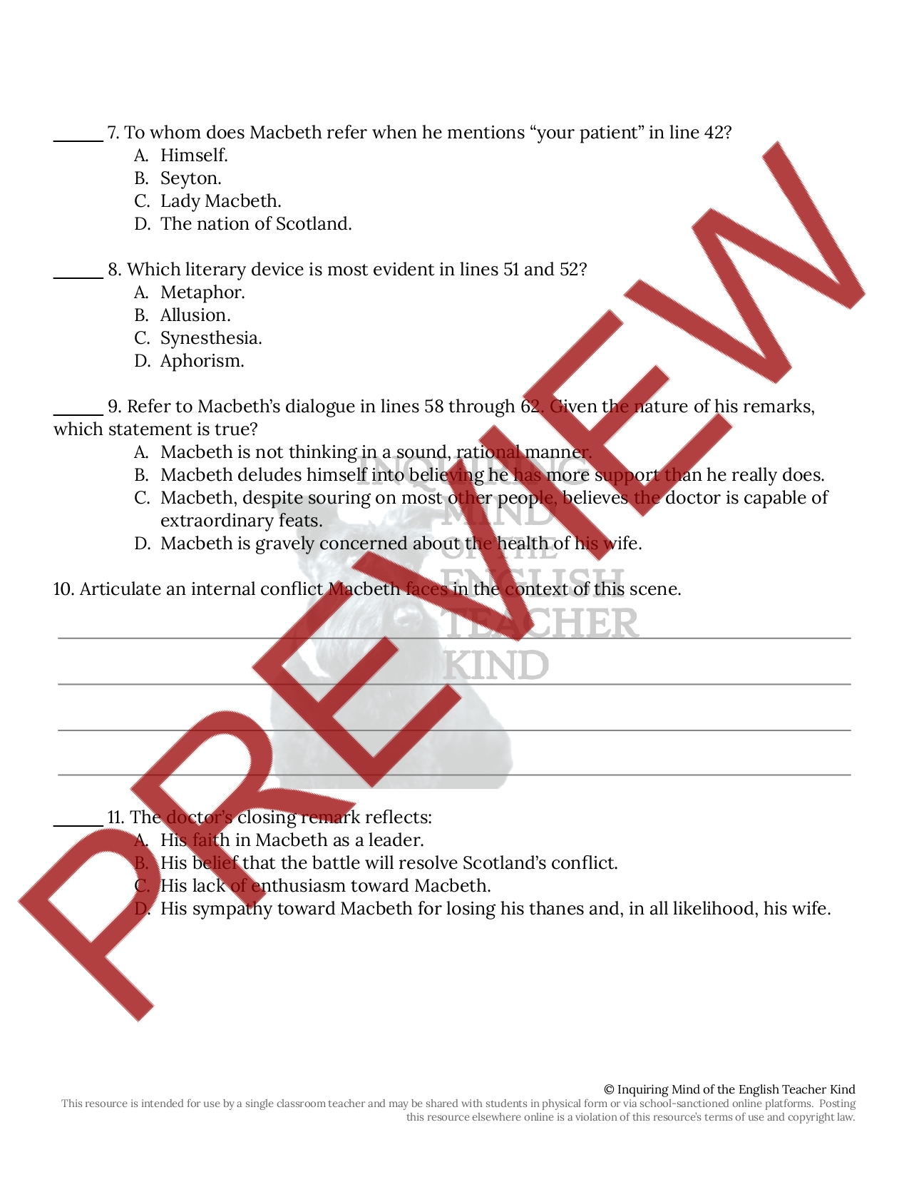 Macbeth Act 5 Scene 3 Close Reading Worksheet | Teaching Resources