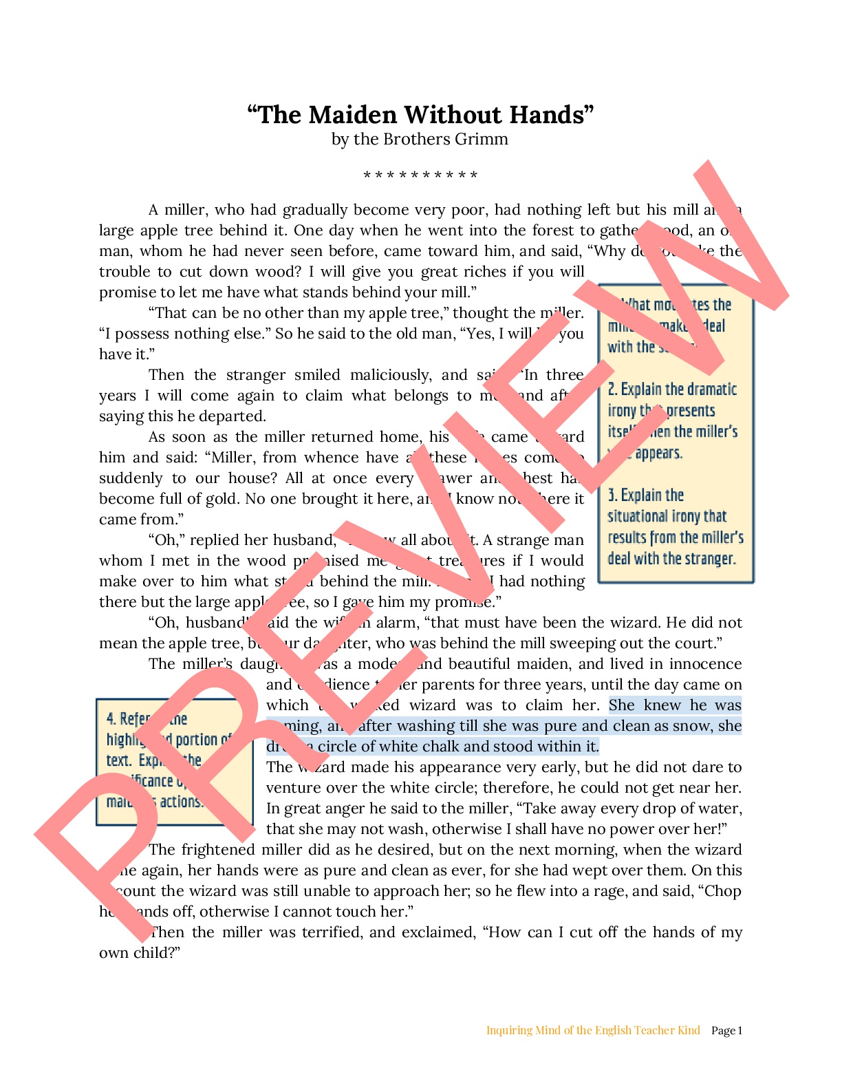 Grimms' Fairy Tale "Maiden Without Hands" Close Reading | Teaching ...