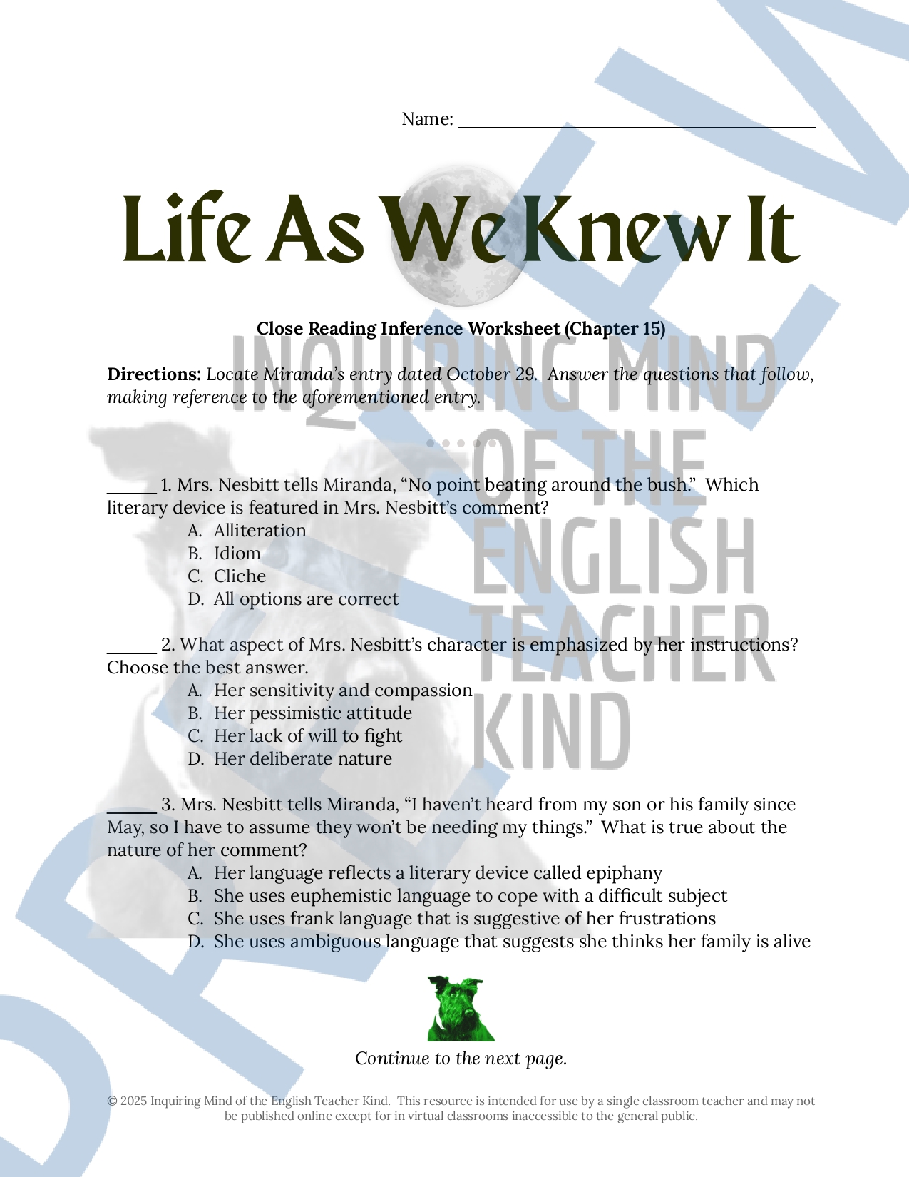 Life As We Knew It Chapter 15 Close Reading Inference Worksheet and ...