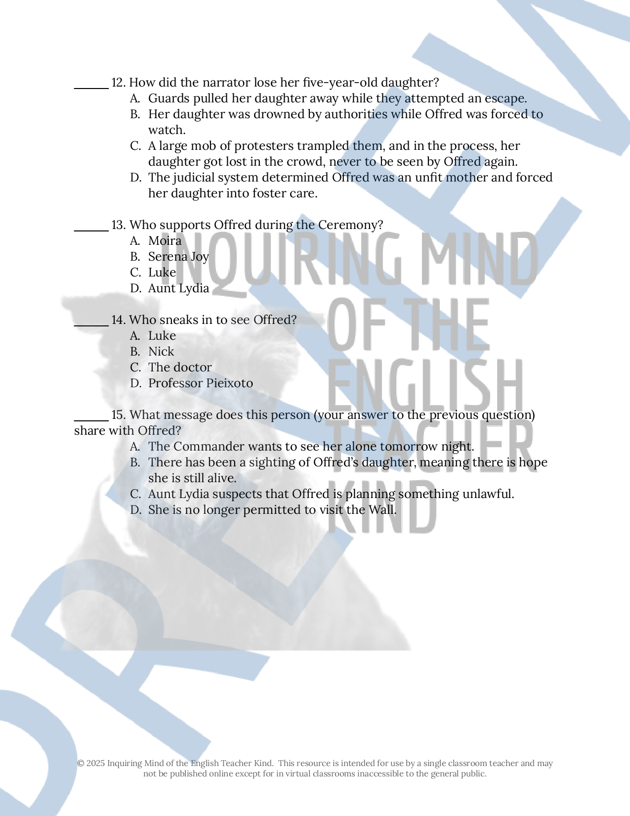 The Handmaid's Tale Chapters 1-17 Quiz and Answer Key | Teaching Resources