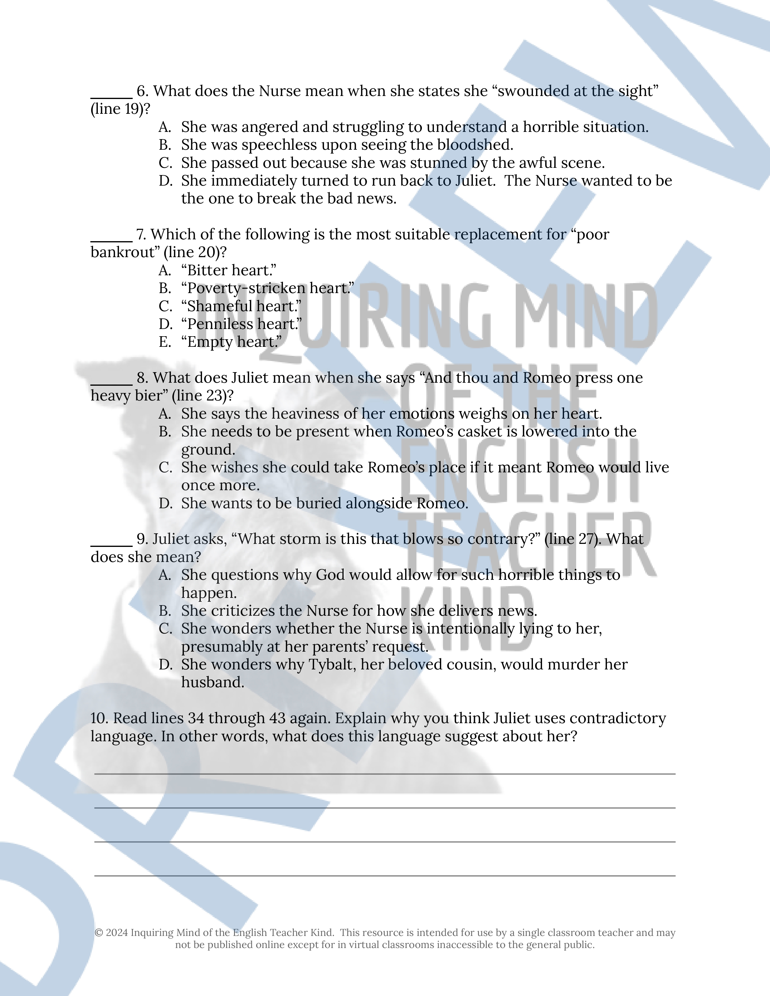 Romeo and Juliet Act 3 Scene 2 Close Reading Worksheet | Teaching Resources