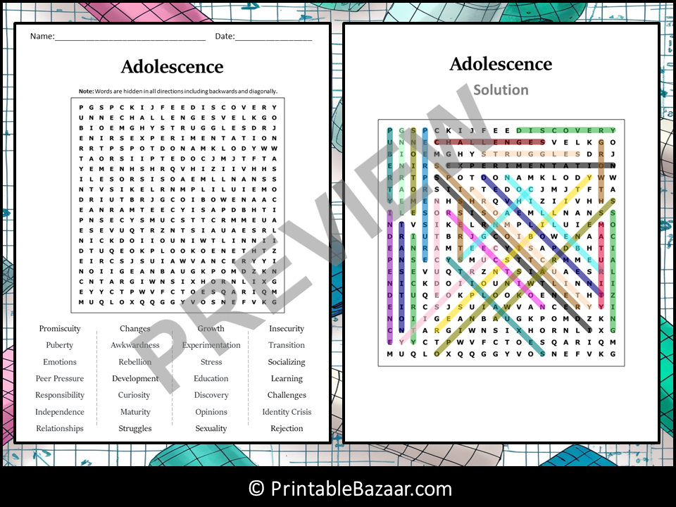 Adolescence Word Search Puzzle Worksheet Activity | Teaching Resources