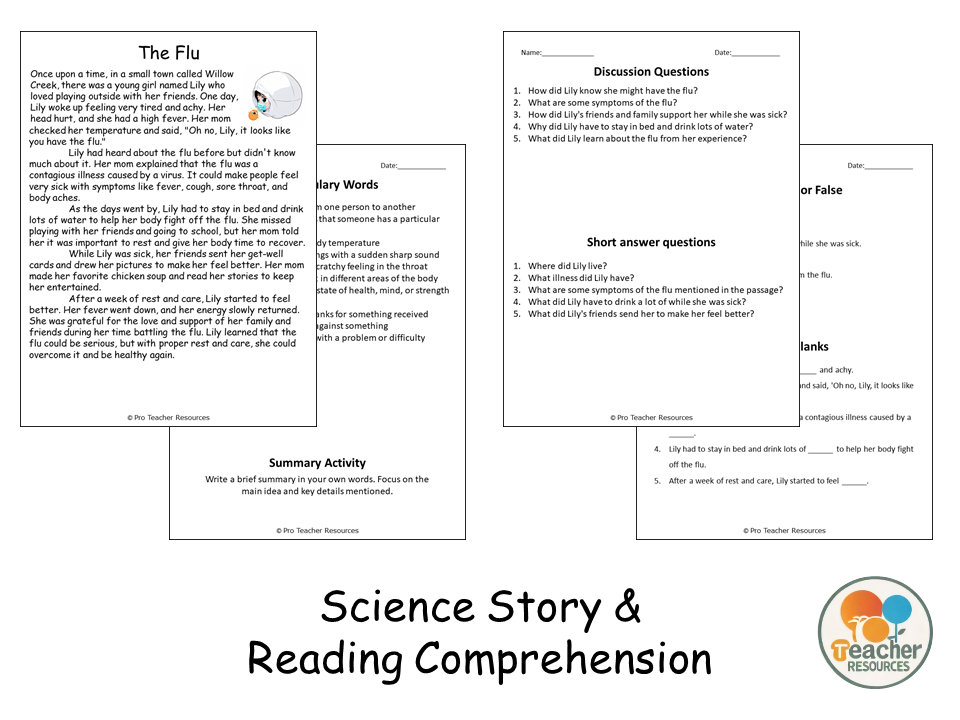 The Flu Reading Science Story Comprehension Questions Worksheet ...