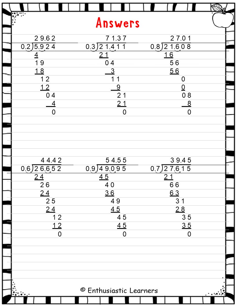 Dividing Decimals by Decimals up to Thousandths Worksheets Math ...