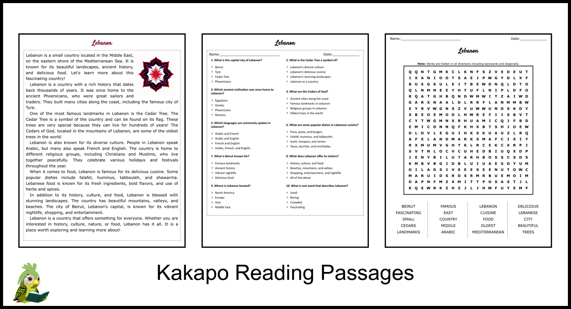 Lebanon Reading Comprehension and Word Search | Teaching Resources