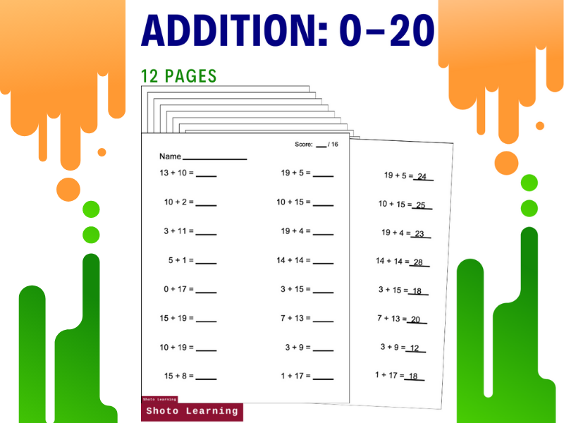 MATH Addition 0-20 Adding Practice Problem Horizontal Number Worksheets ...