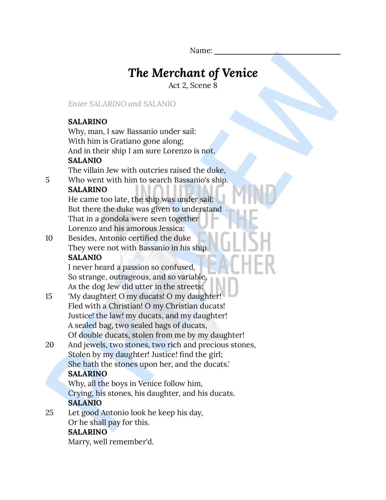 The Merchant of Venice Act 2 Scene 8 Close Reading Analysis Activity ...