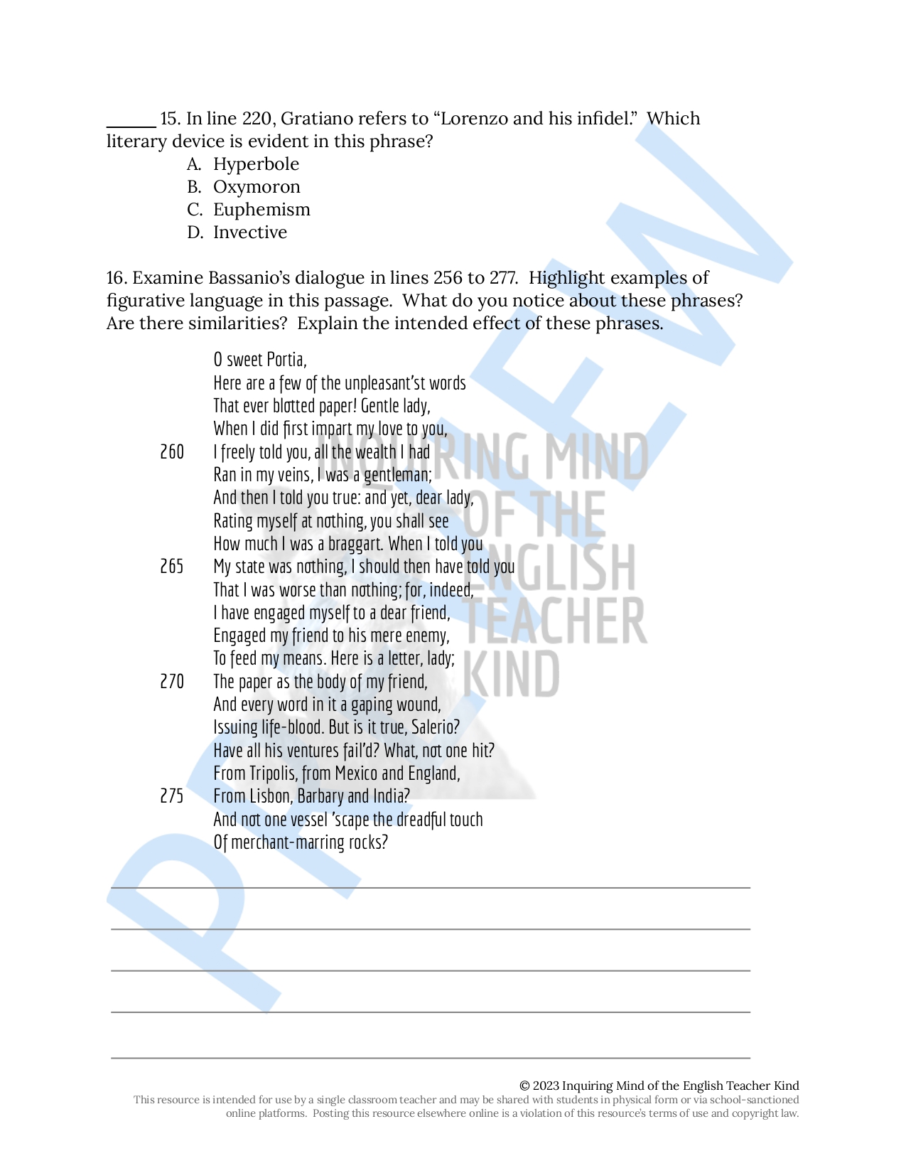 The Merchant of Venice Act 3 Scene 2 Close Reading Analysis Activity ...
