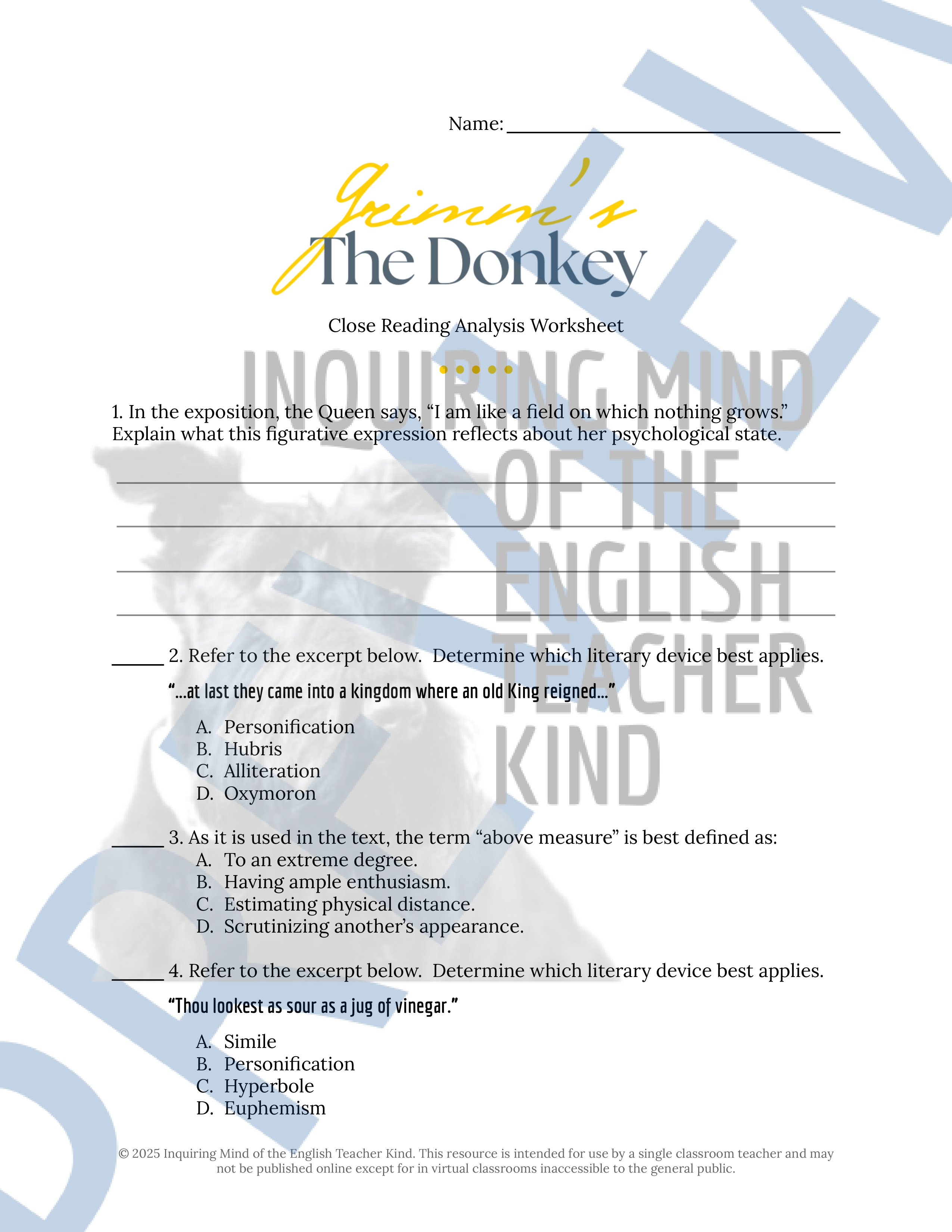 "The Donkey" Close Reading Analysis Worksheet | Grimm's Fairy Tale ...