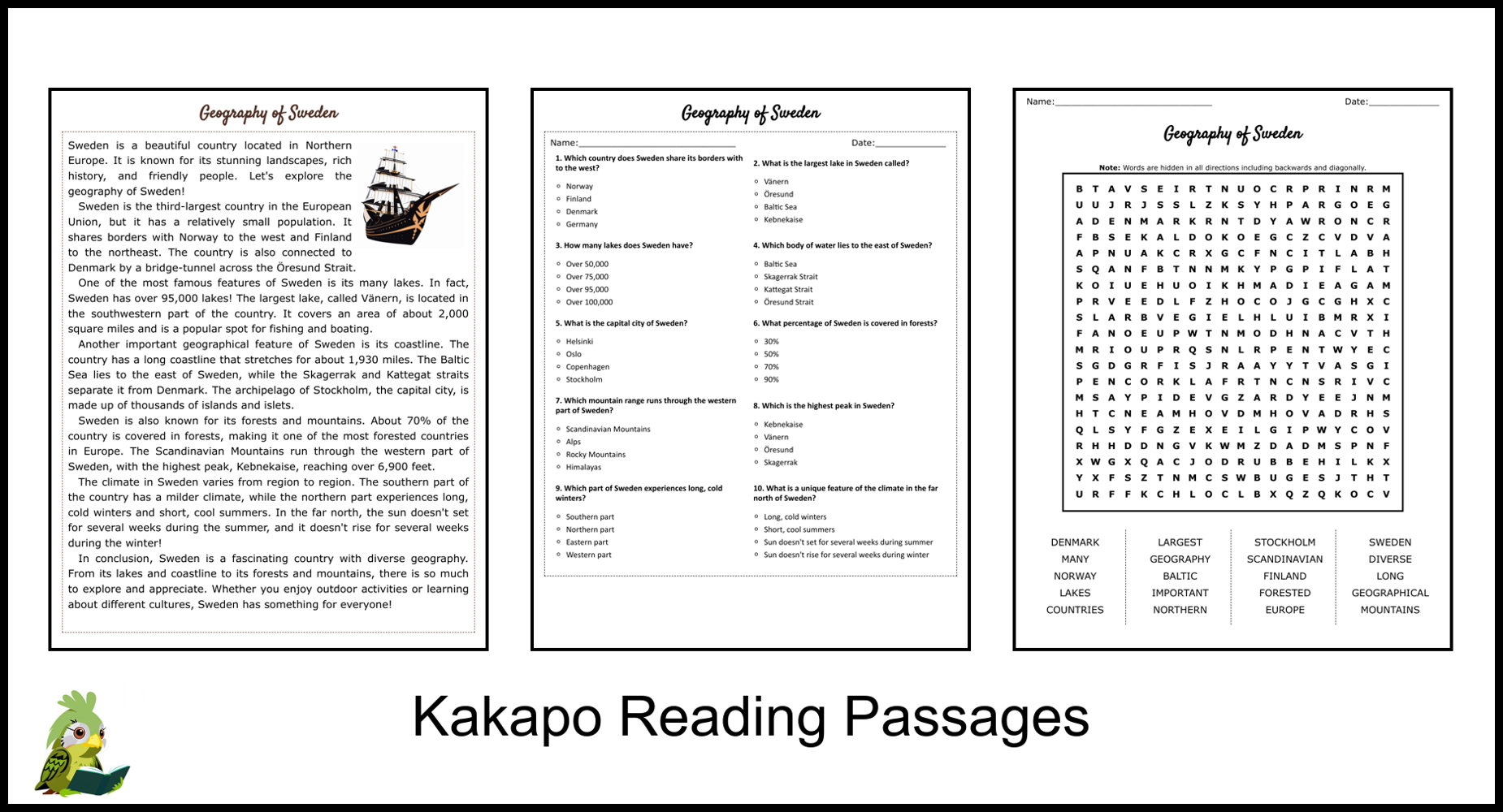 Geography of Sweden Reading Comprehension and Word Search | Teaching ...