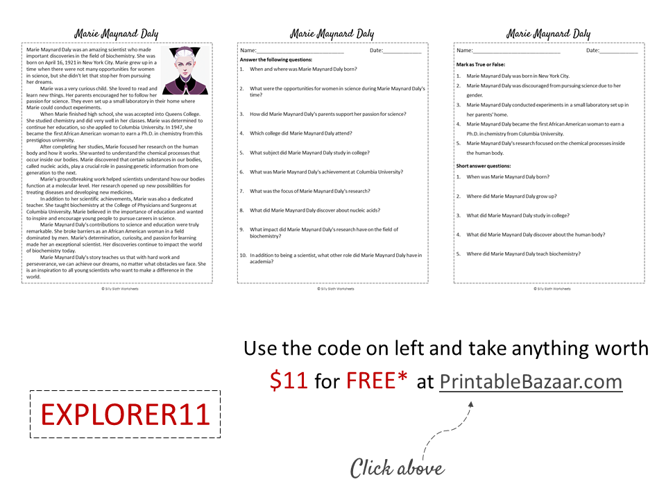 Marie Maynard Daly Biography Reading Comprehension Passage Printable ...