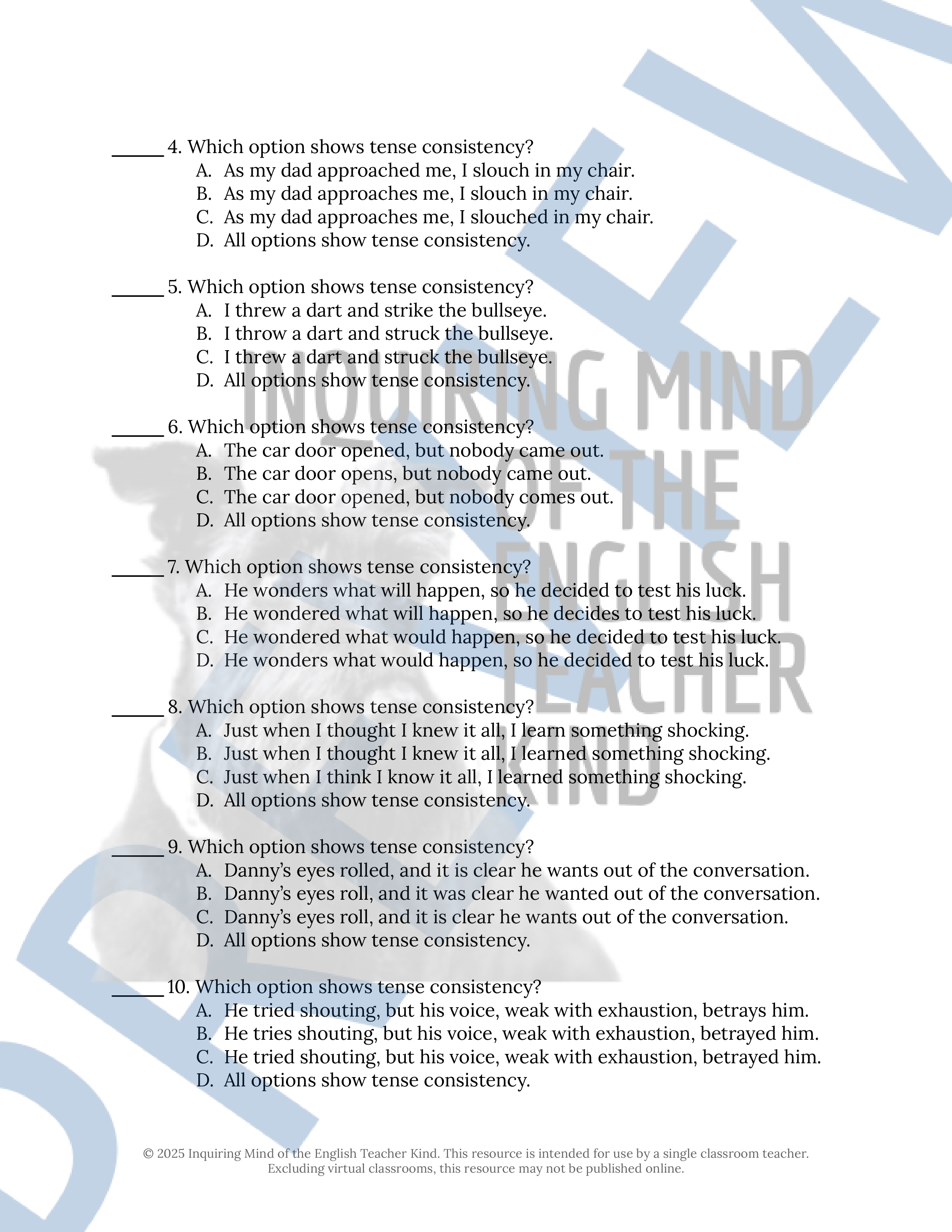 Grammar Practice Worksheet on Resolving Verb Tense Shifts with Answer ...