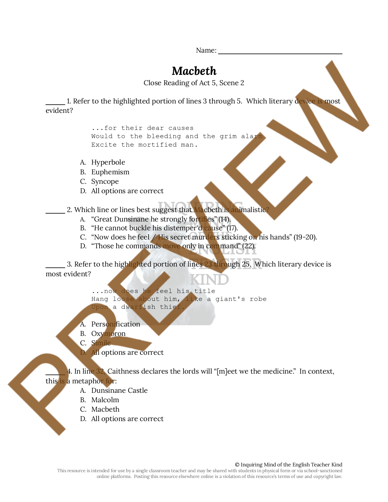 Macbeth Act 5 Scene 2 Close Reading Worksheet | Teaching Resources