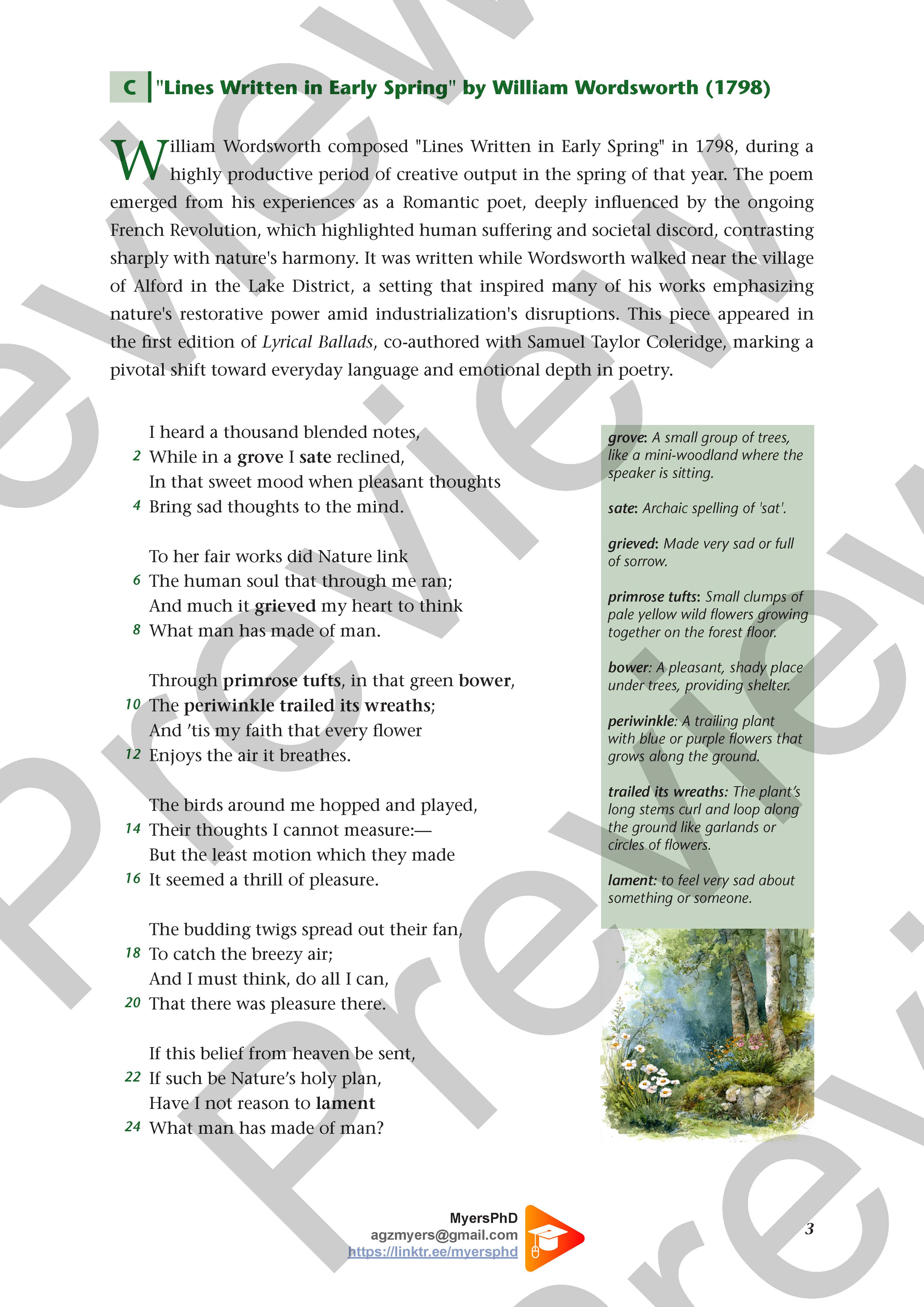 GCSE Poetry: William Wordsworth "Lines Written in Early Spring" - NO ...