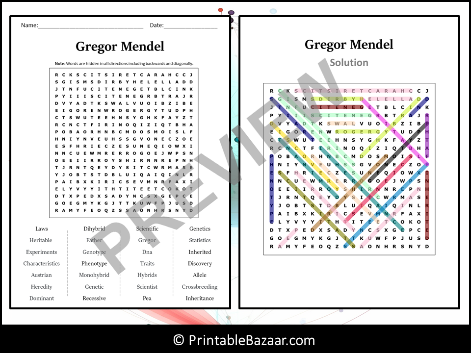 Gregor Mendel Word Search Puzzle Worksheet Activity | Teaching Resources