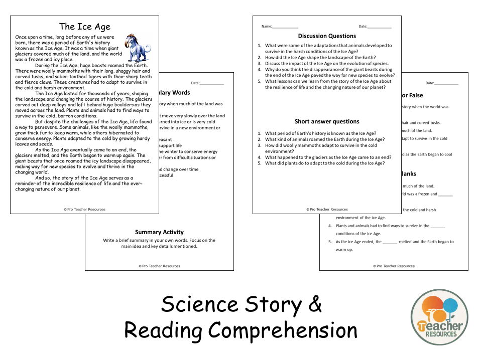 The Ice Age Reading Science Story Comprehension Questions Worksheet ...