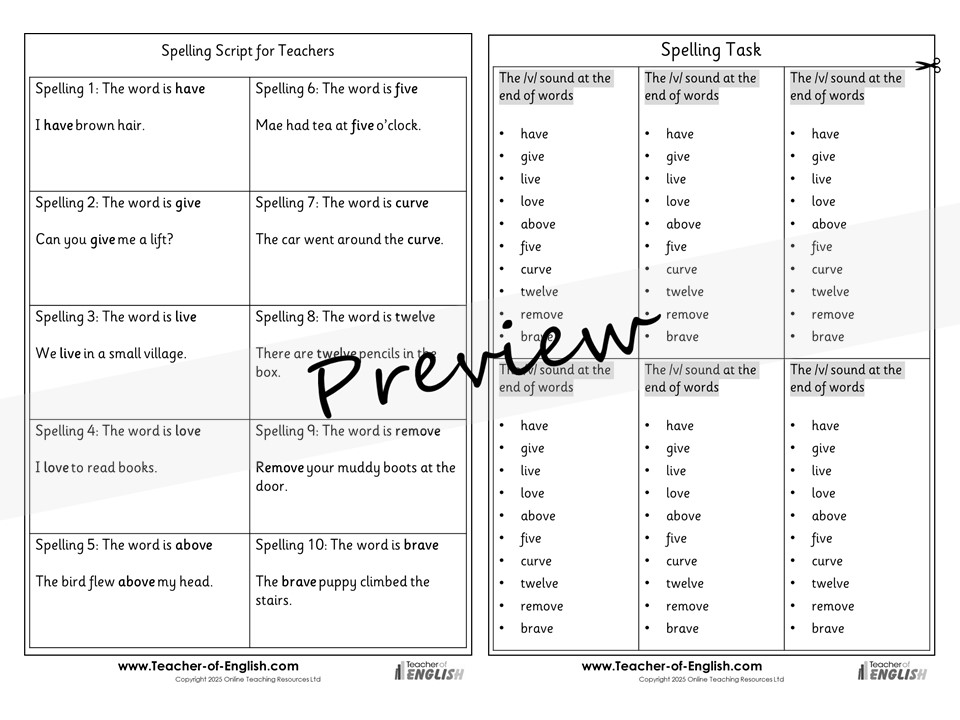 The v Sound at the End of Words - Year 1 Spelling | Teaching Resources