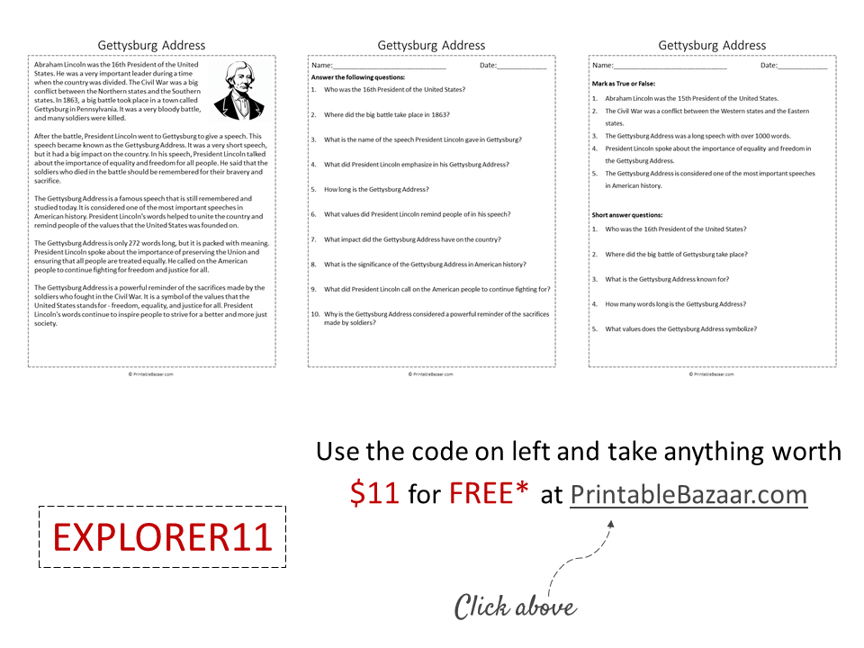 Gettysburg Address Reading Comprehension Passage Printable Worksheet ...