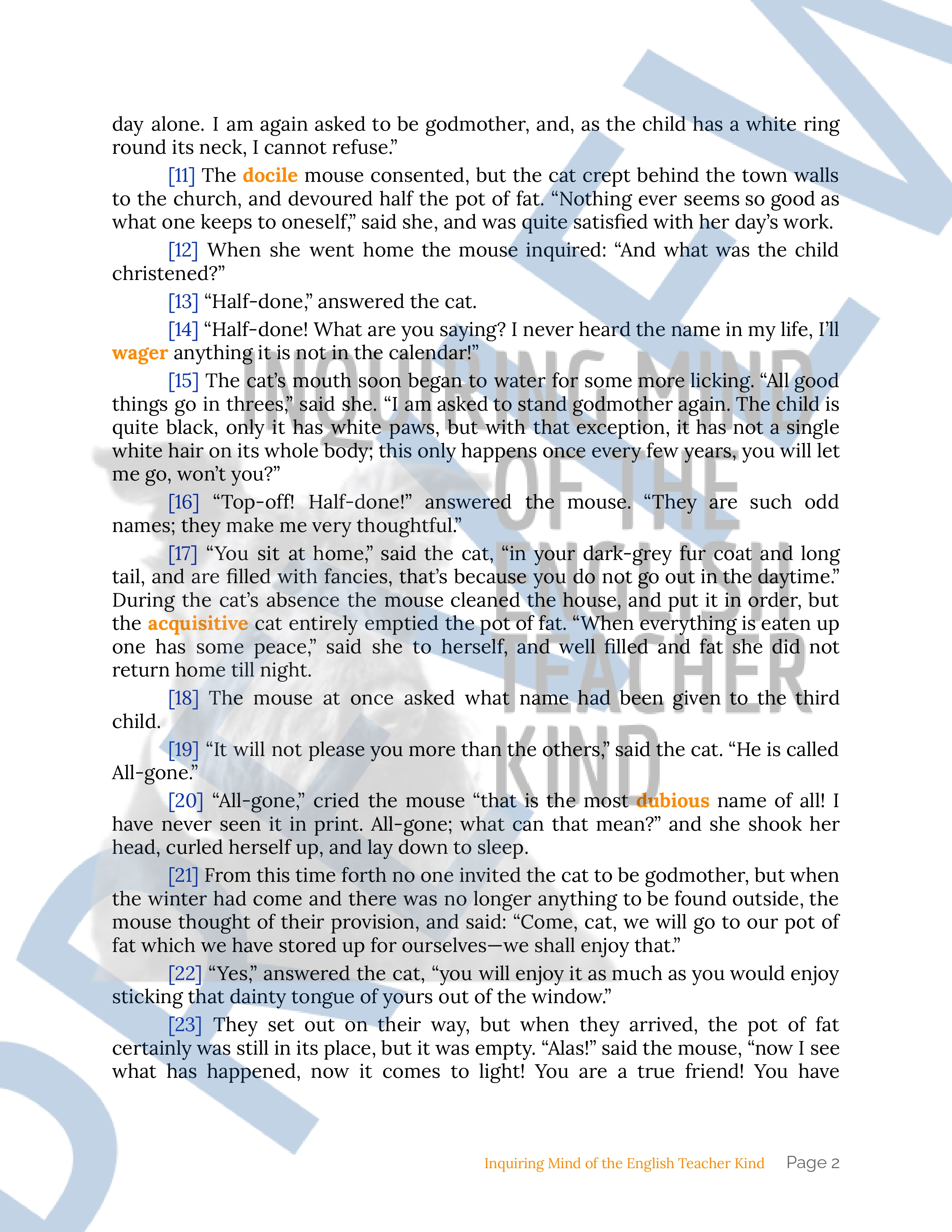 "Cat and Mouse in Partnership" Quiz and Answer Key | Brothers Grimm ...